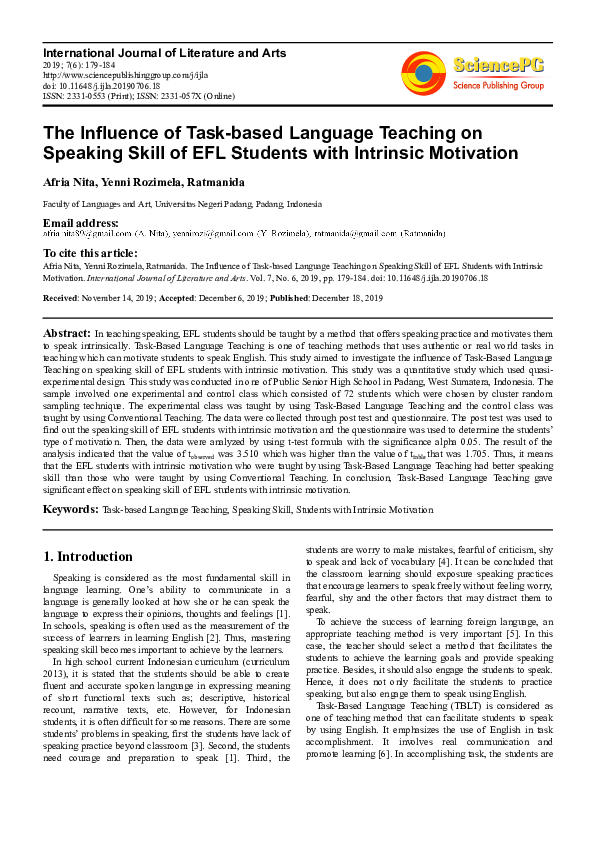 (PDF) The Influence of Task-based Language Teaching on Speaking Skill ...