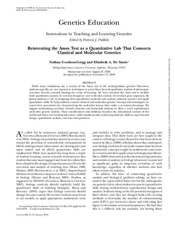 (PDF) Reinventing the Ames Test as a Quantitative Lab That Connects ...