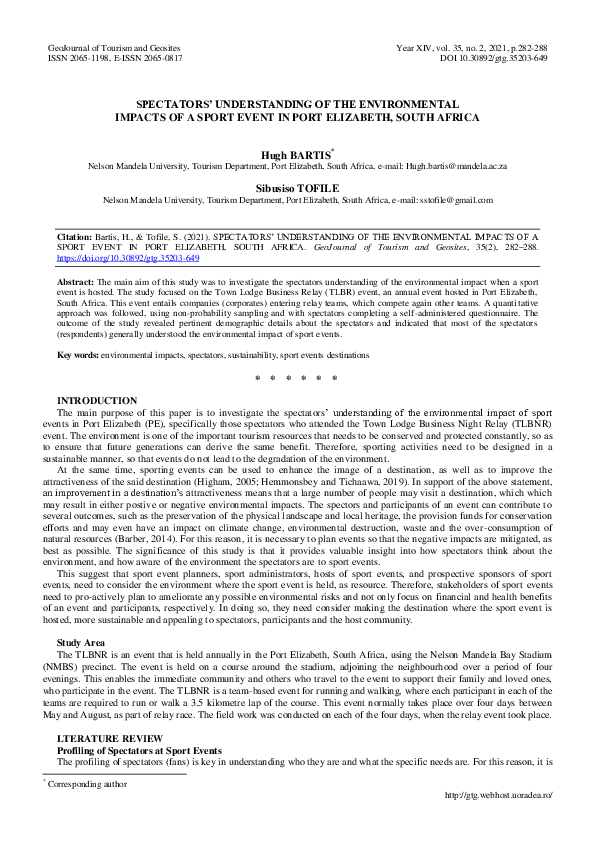 (PDF) Spectators’ Understanding of the Environmental Impacts of a Sport ...