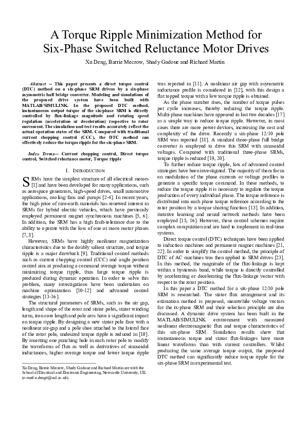 Pdf A Torque Ripple Minimization Method For Six Phase Switched