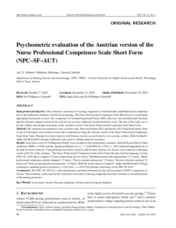 (PDF) Psychometric evaluation of the Austrian version of the Nurse ...