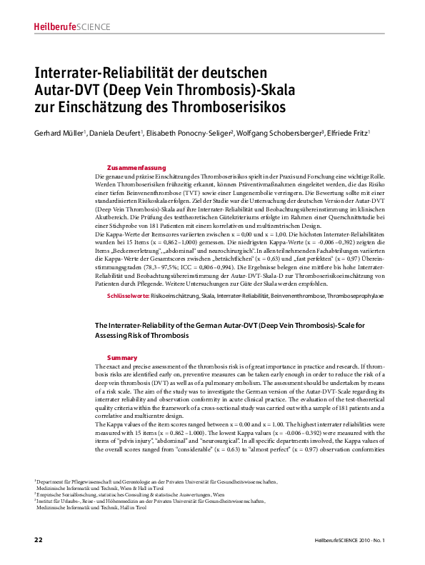 (PDF) Interrater-Reliabilität der deutschen Autar-DVT (Deep Vein ...