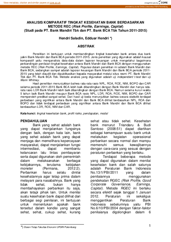 (PDF) ANALISIS KOMPARATIF TINGKAT KESEHATAN BANK BERDASARKAN METODE REC (Risk Profile, Earnings ...