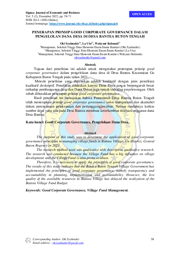 (PDF) Penerapan Prinsip Good Corporate Governance Dalam Pengelolan Dana Desa DI Desa Bantea ...