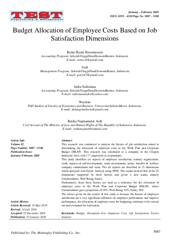 (PDF) Budget Allocation of Employee Costs Based on Job Satisfaction Dimensions