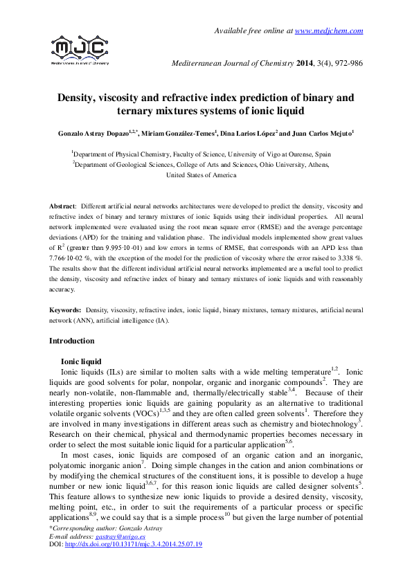 (PDF) Density, viscosity and refractive index prediction of binary and ternary mixtures systems ...