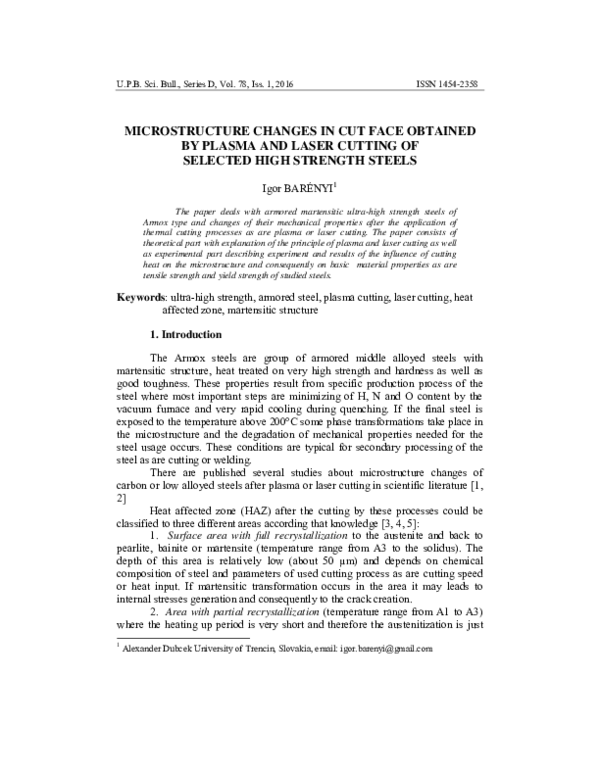 (PDF) Microstructure Changes in Cut Face Obtained by Plasma and Laser Cutting of Selected High ...