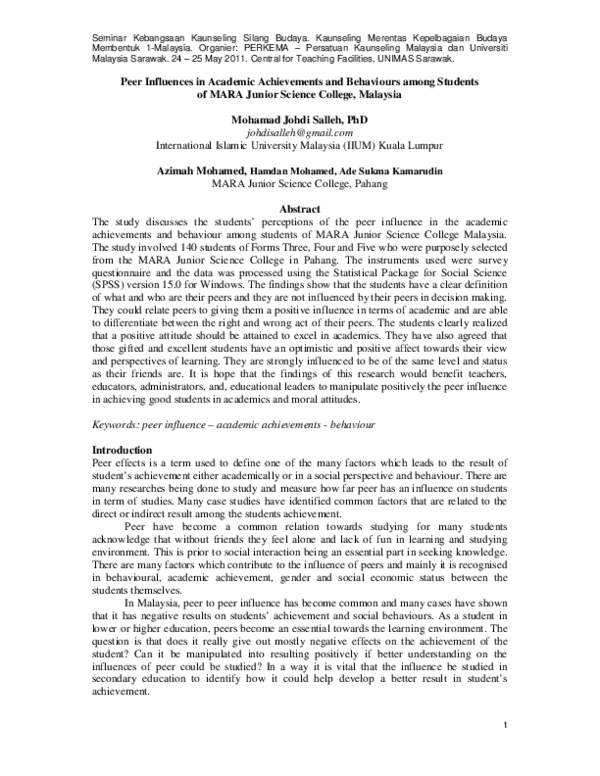 (PDF) Peer influences in academic achievements and behaviours among students of Mara junior ...