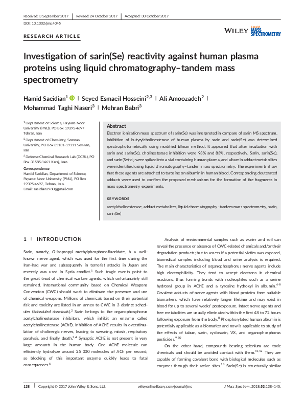 (PDF) Investigation of sarin(Se) reactivity against human plasma ...