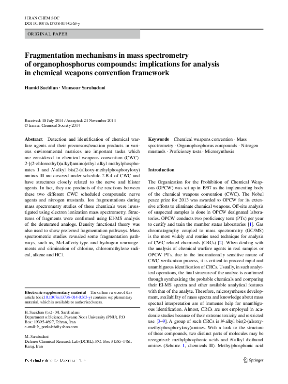 (PDF) Fragmentation mechanisms in mass spectrometry of Chemical Weapons ...