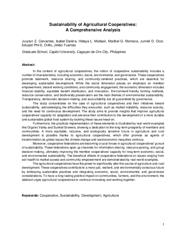 (PDF) Sustainability of Agricultural Cooperatives: A Comprehensive Analysis
