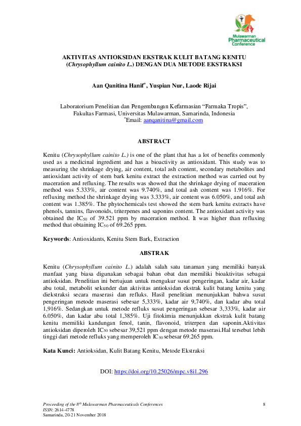 (PDF) Aktivitas Antioksidan Ekstrak Kulit Batang Kenitu (Chrysophyllum ...