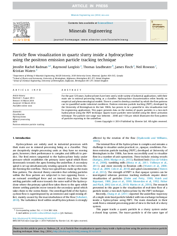 (PDF) Particle flow visualization in quartz slurry inside a hydrocyclone using the positron ...