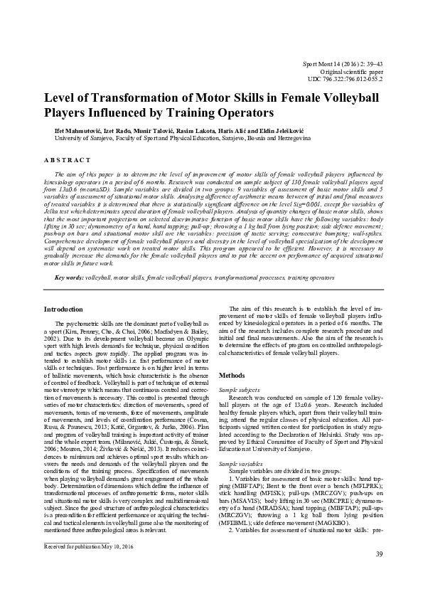 (PDF) Level of Transformation of Motor Skills in Female Volleyball ...