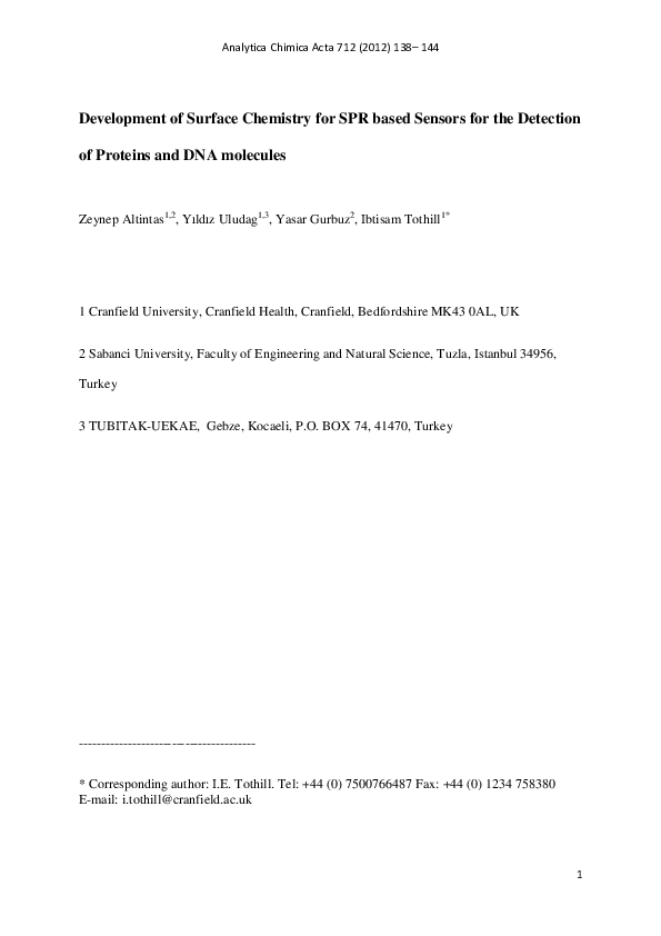 (PDF) Development of Surface Chemistry for SPR based Sensors for the ...
