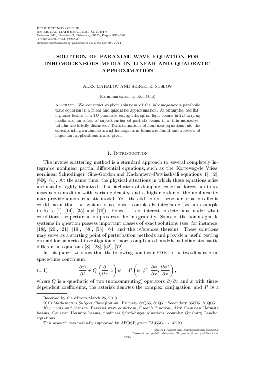 (PDF) Solution of paraxial wave equation for inhomogeneous media in linear and quadratic ...