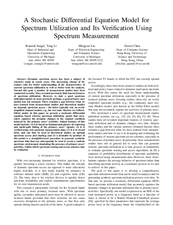 (PDF) A stochastic differential equation model for spectrum utilization