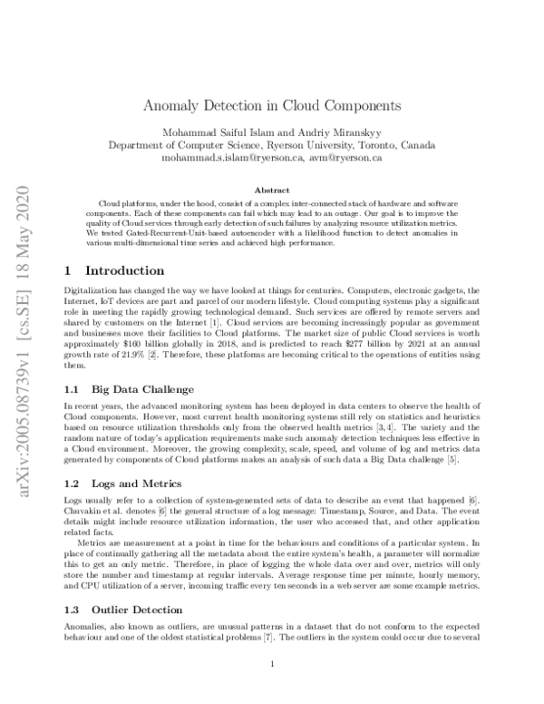 (PDF) Anomaly Detection in Cloud Components