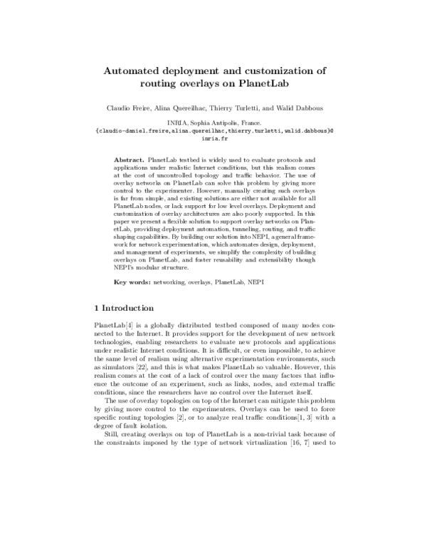 (PDF) Automated Deployment and Customization of Routing Overlays on Planetlab