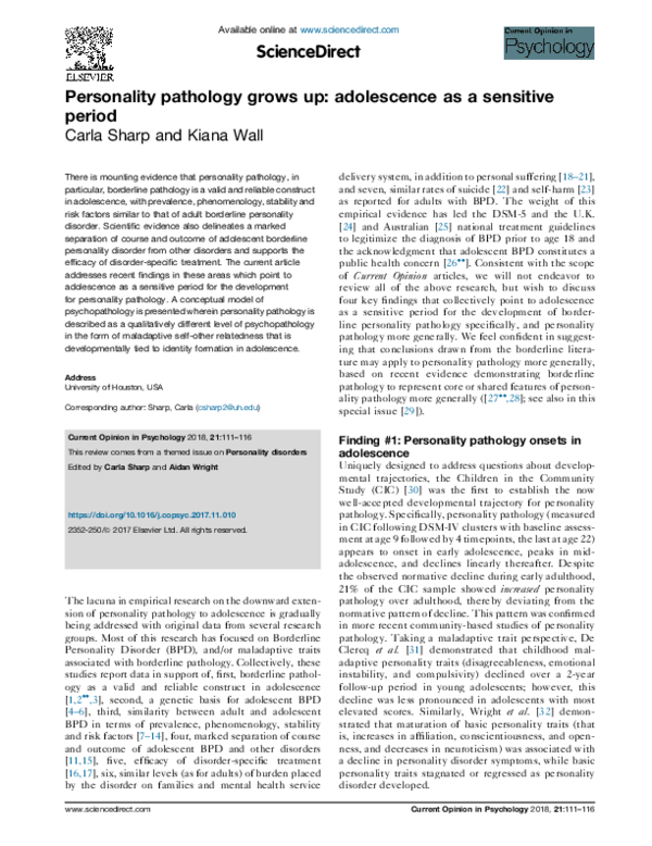 (PDF) Personality pathology grows up: adolescence as a sensitive period