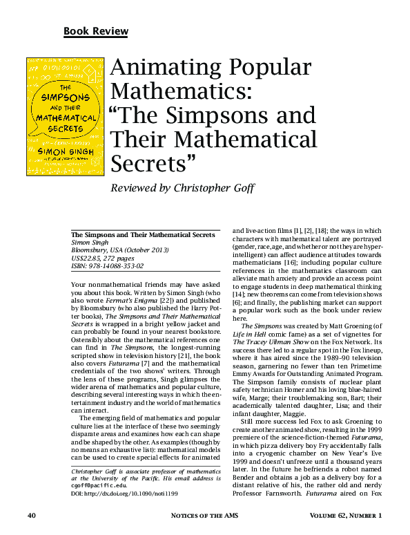 (PDF) Animating popular mathematics: a review of “The Simpsons and ...
