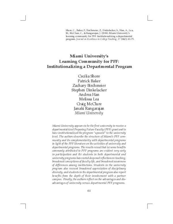 (PDF) Miami University's Learning Community for PFF: Institutionalizing ...