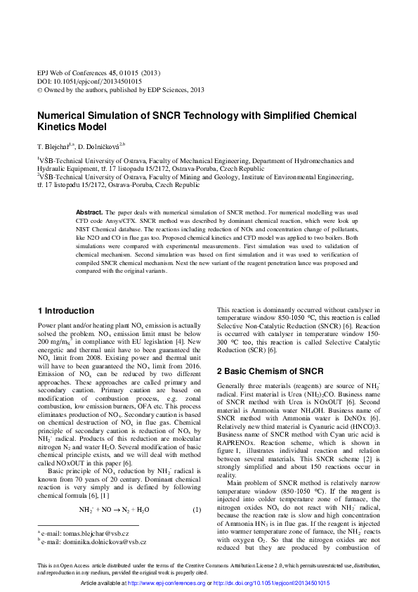 (PDF) Numerical Simulation of SNCR Technology with Simplified Chemical Kinetics Model