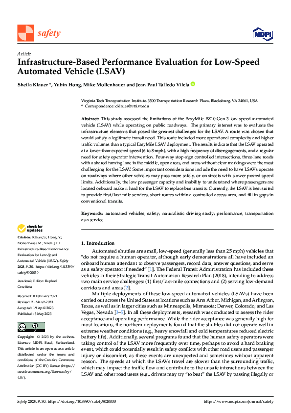 (PDF) Infrastructure-Based Performance Evaluation for Low-Speed Automated Vehicle (LSAV)