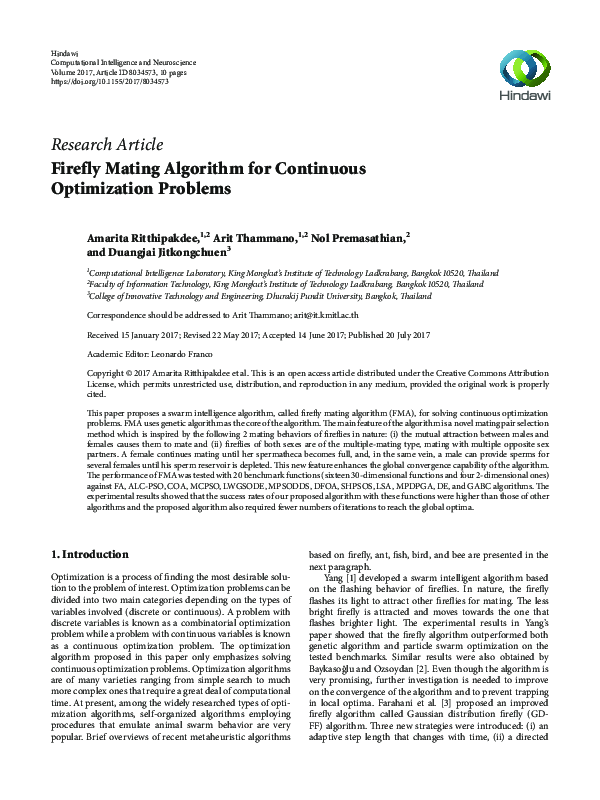 Pdf Firefly Mating Algorithm For Continuous Optimization Problems