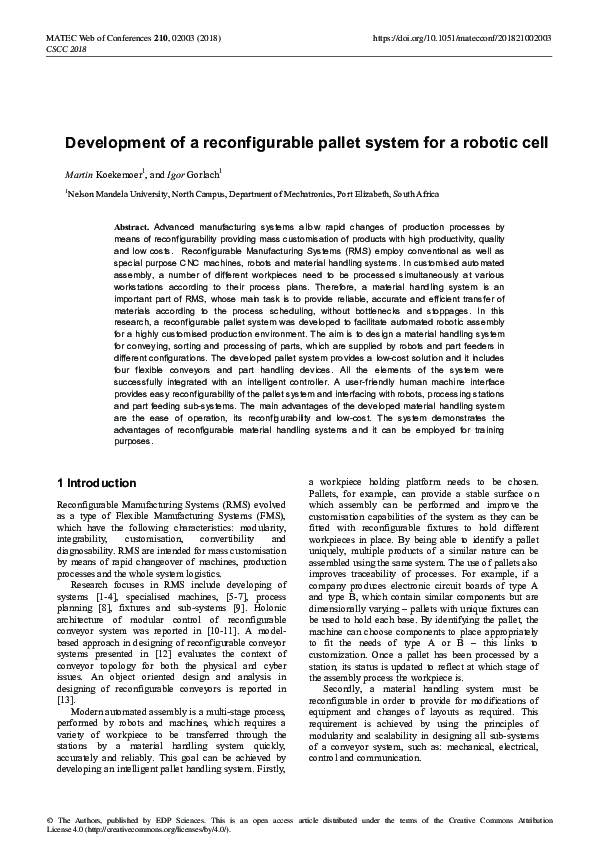 (PDF) Development of a reconfigurable pallet system for a robotic cell