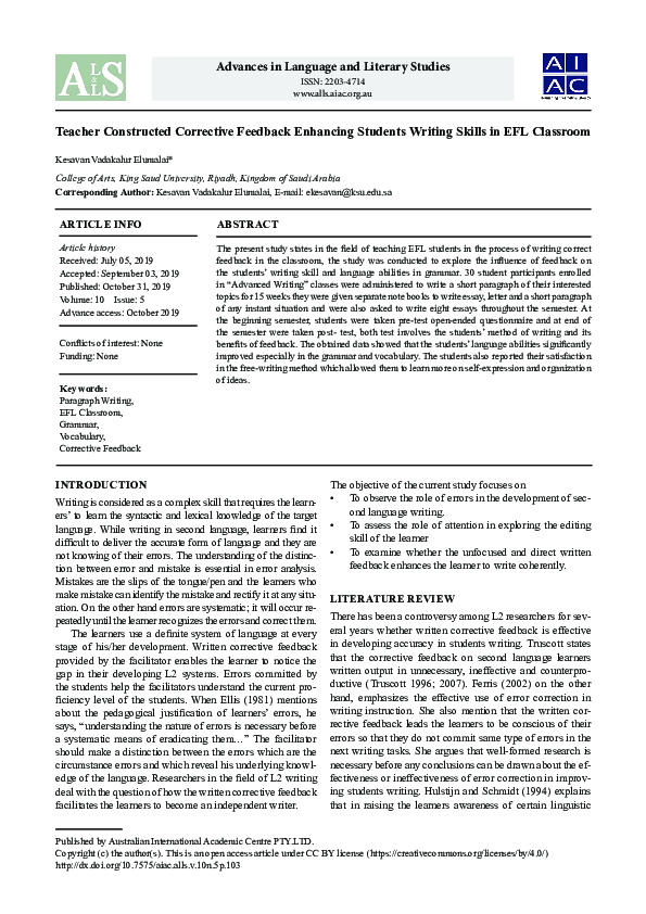 (PDF) Teacher Constructed Corrective Feedback Enhancing Students Writing Skills in EFL Classroom