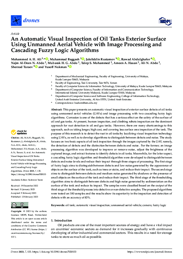 (PDF) An Automatic Visual Inspection of Oil Tanks Exterior Surface Using Unmanned Aerial Vehicle ...