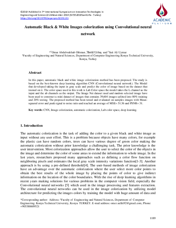 Pdf Automatic Black And White Images Colorization Using Convolutional Neural Network
