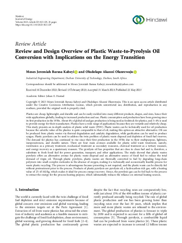 (PDF) Review and Design Overview of Plastic Waste-to-Pyrolysis Oil ...