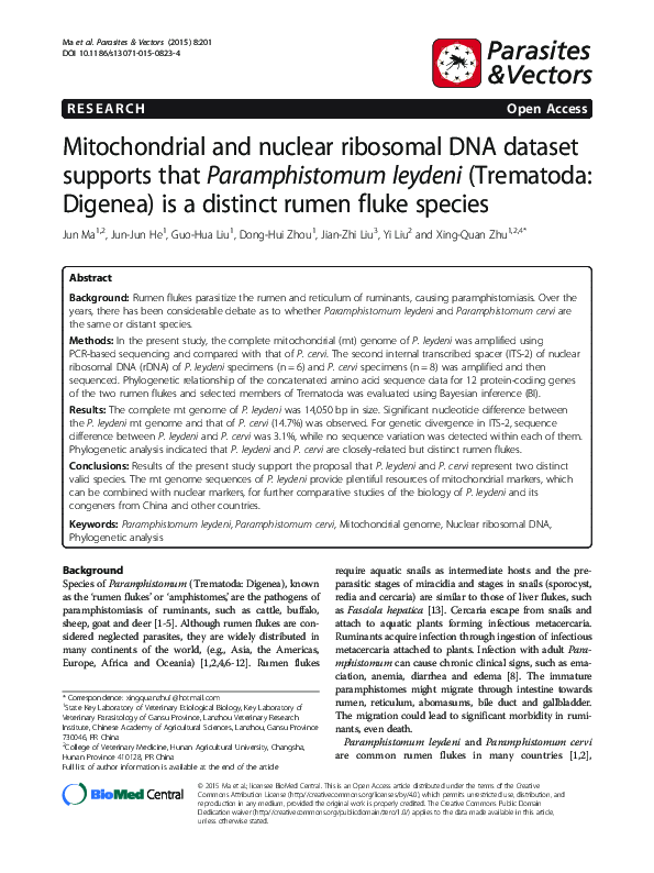 (PDF) Mitochondrial and nuclear ribosomal DNA dataset supports that Paramphistomum leydeni ...