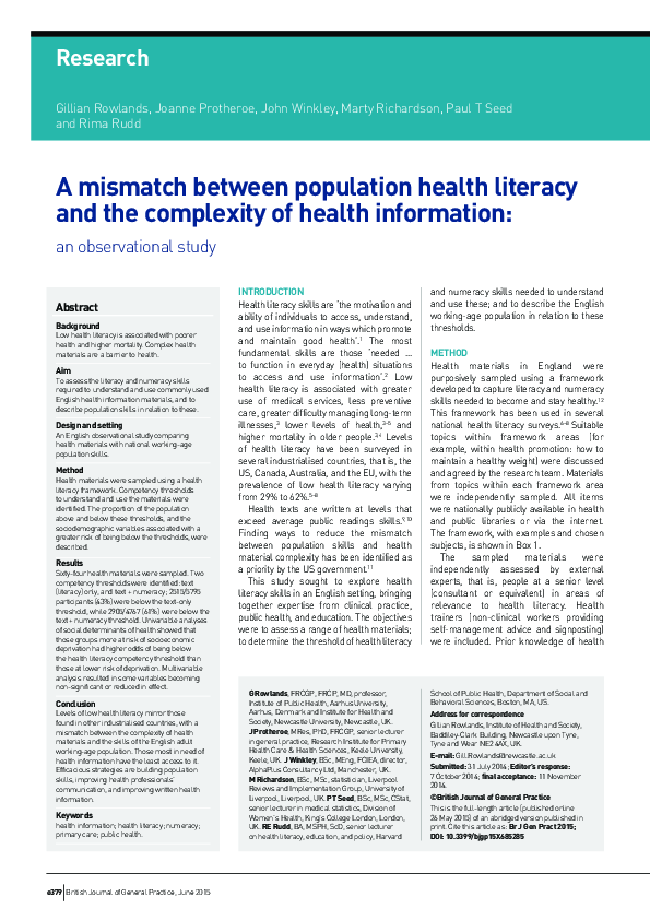 (PDF) A mismatch between population health literacy and the complexity ...