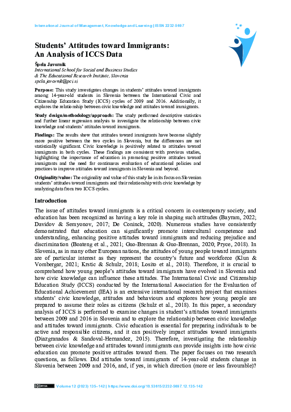 (PDF) Students’ Attitudes toward Immigrants: An Analysis of ICCS Data