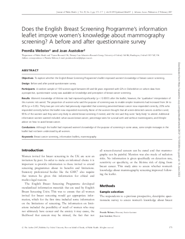 (PDF) Does the English Breast Screening Programme's information leaflet improve women's ...