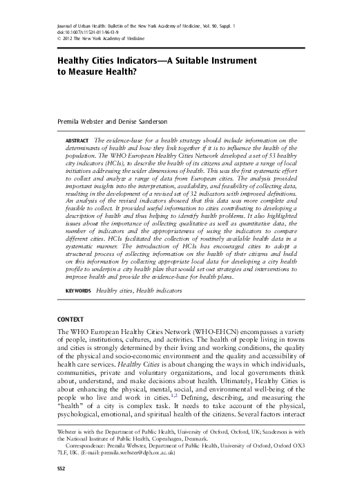 (PDF) Healthy Cities Indicators—A Suitable Instrument to Measure Health?