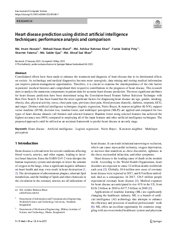 (PDF) Heart disease prediction using distinct artificial intelligence techniques: performance ...