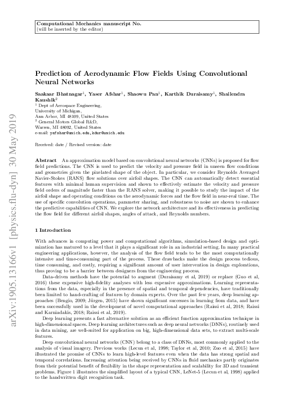 Pdf Prediction Of Aerodynamic Flow Fields Using Convolutional Neural Networks