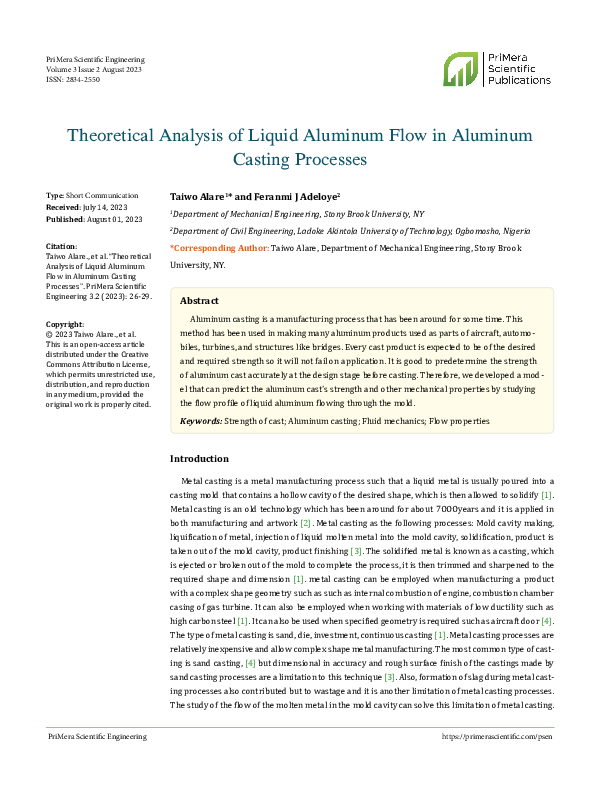 (PDF) Theoretical Analysis of Liquid Aluminum Flow in Aluminum Casting ...