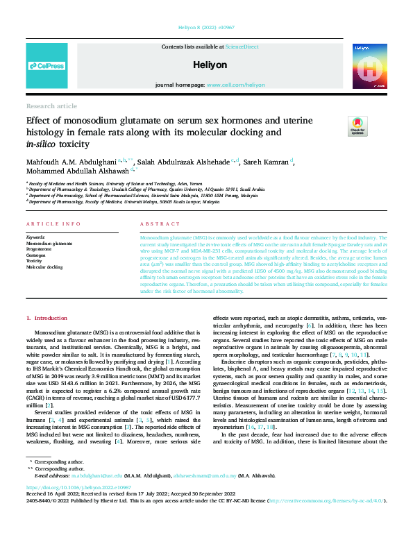 Pdf Effect Of Monosodium Glutamate On Serum Sex Hormones And Uterine