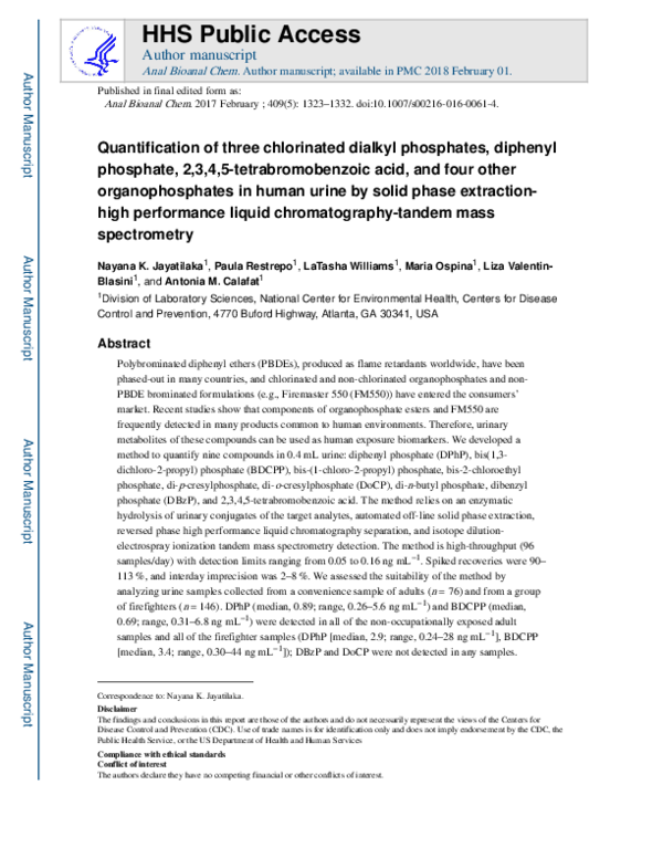 (PDF) Quantification of three chlorinated dialkyl phosphates, diphenyl ...