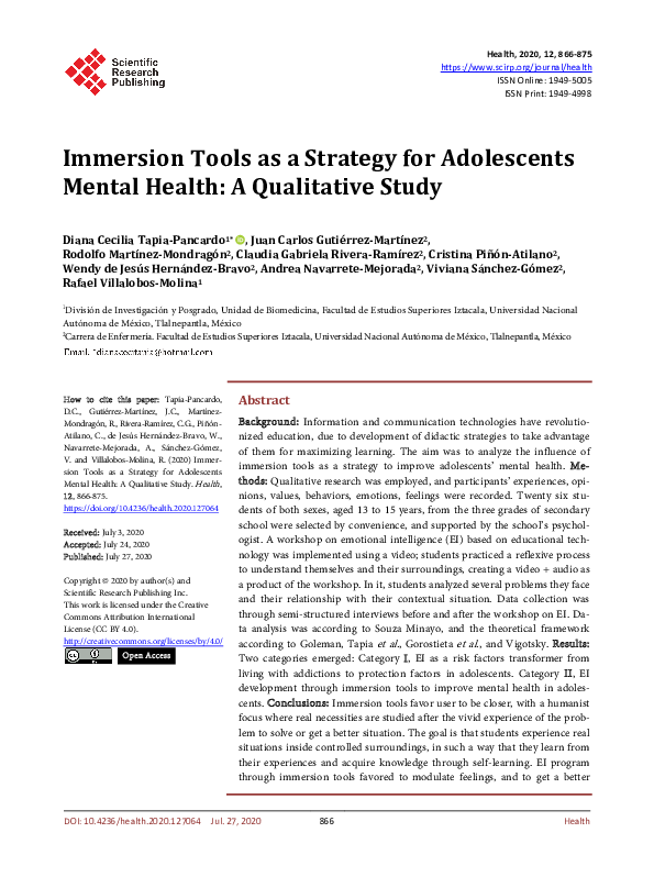 (PDF) Immersion Tools as a Strategy for Adolescents Mental Health: A ...