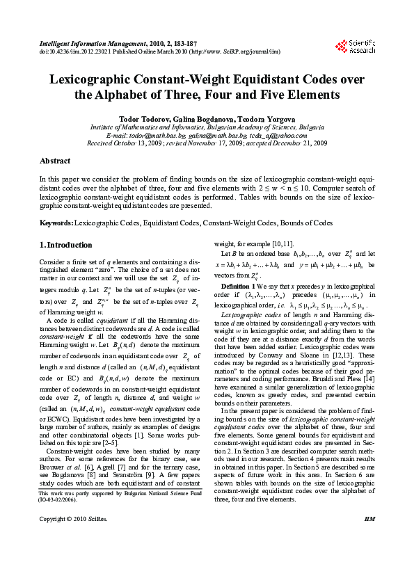 (PDF) Lexicographic Constant-Weight Equidistant Codes over the Alphabet ...