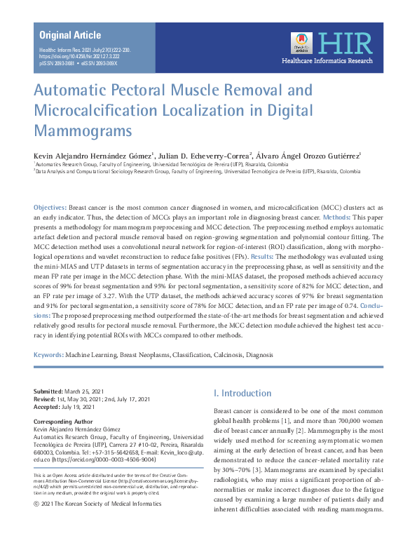 Pdf Automatic Pectoral Muscle Removal And Microcalcification Localization In Digital Mammograms