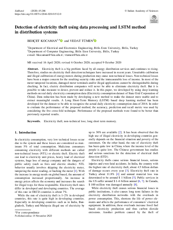 Pdf Detection Of Electricity Theft Using Data Processing And Lstm Method In Distribution Systems