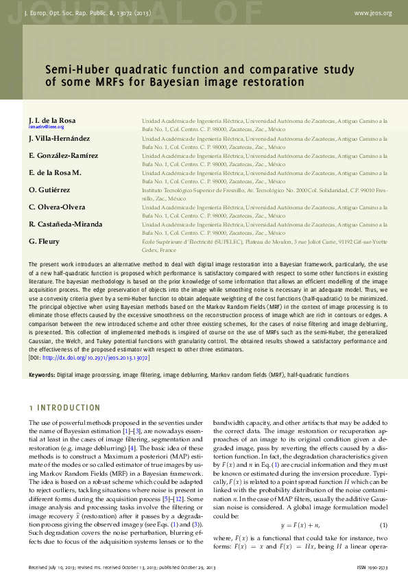 (PDF) Semi-Huber Half Quadratic Function and Comparative Study of Some MRFs for Bayesian Image ...