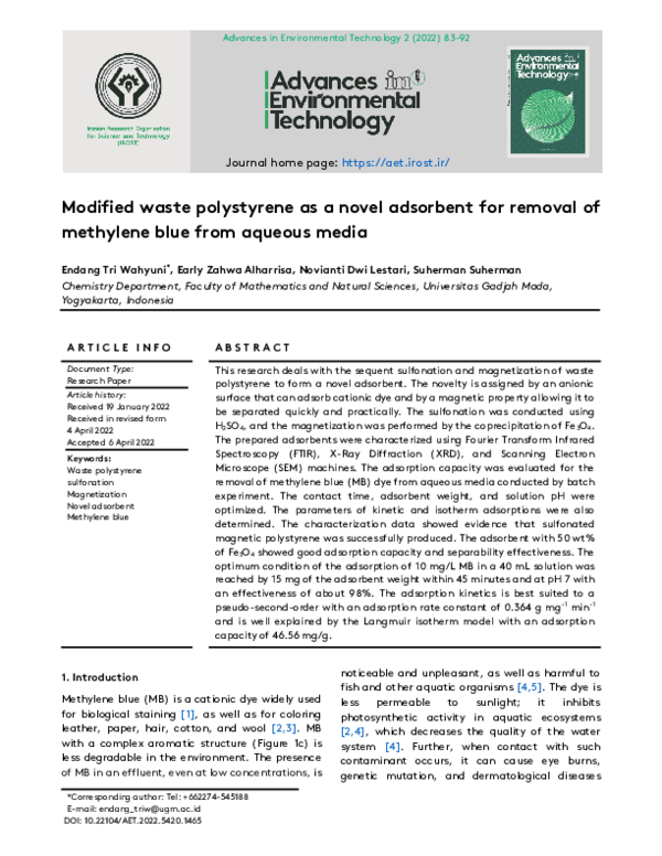 (PDF) Modified waste polystyrene as a novel adsorbent for removal of ...